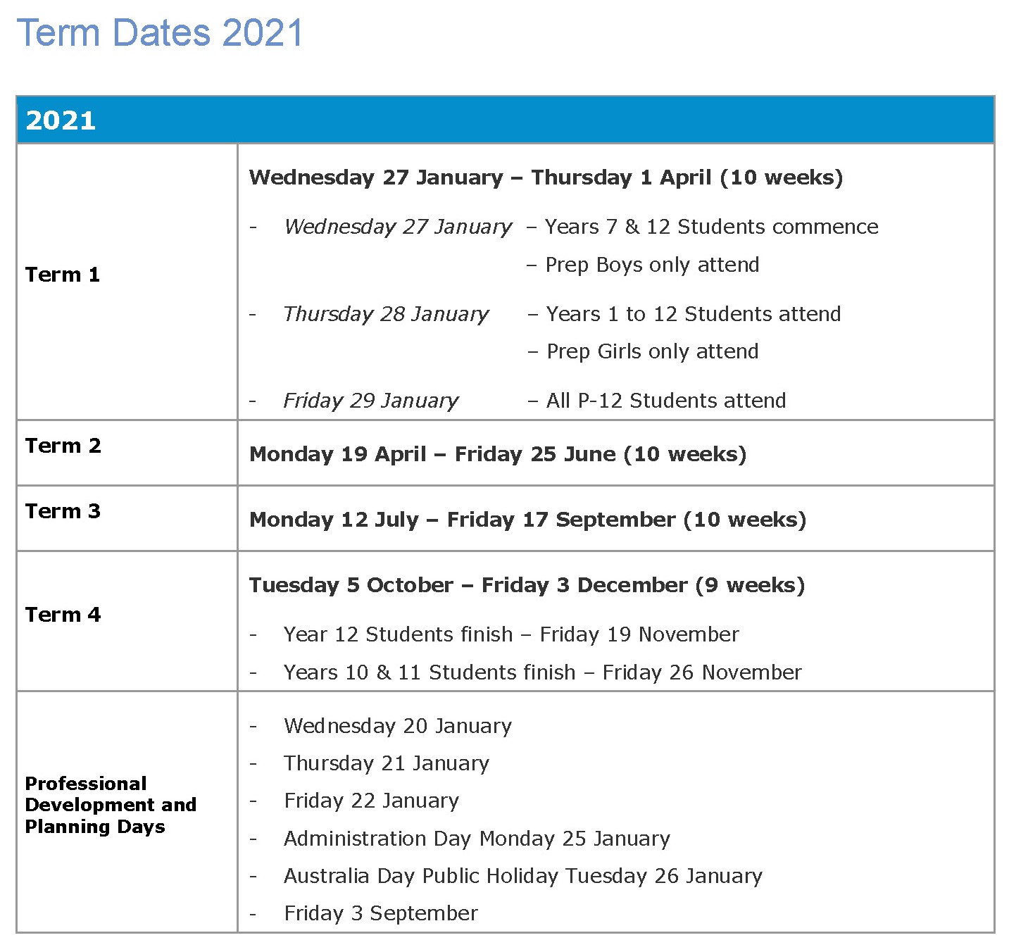 School Times and Term Dates